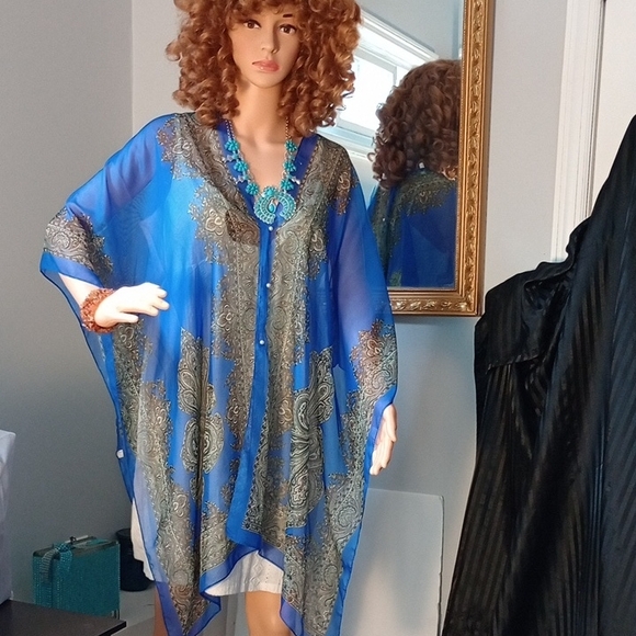 Tops | Blue Sheer Top With Open Sleeves And Pearl Buttons Paisley ...